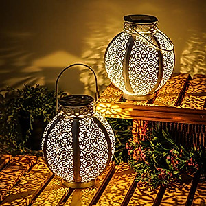 DUSVALLY Solar Lantern Hanging Waterproof Solar Lights for Patio, Backyard & Tree, 2 Pack Garden Decoration Lantern Light with Hollow-Out Retro Design, 7"H, White