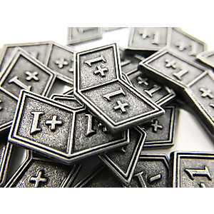 Citadel Black MTG Buff Counters +1/+1 and -1/-1 Set of 20 Metal Tokens - with Velvet Drawstring Pouch, Antique Silver Finish Metal Tokens, Magic: The Gathering, Gray