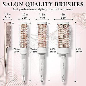 Round Brush Set for Women - Luxury Hair Brushes - Blowout Round Barrel Hairbrush for Blow Drying with Tail Comb by Lily England (White & Rose Gold)