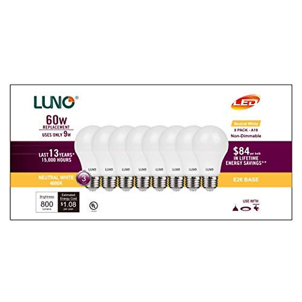 LUNO A19 Non-Dimmable LED Bulb, 9.0W (60W Equivalent), 800 Lumens, 4000K (Neutral White), Medium Base (E26), UL Certified (8-Pack)