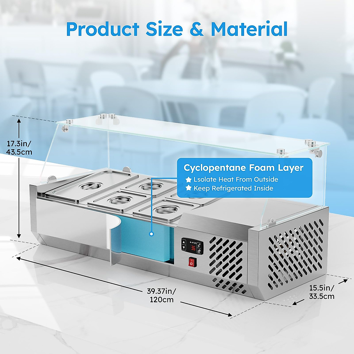 Mojgar Refrigerated Condiment Prep Station, 40 Inch Salad Bar Prep 304 Stainless Body, Sandwich Prep Table with 1 1/3 Pan & 4 1/6 Pans Tempered Glass Shield Auto Defrost