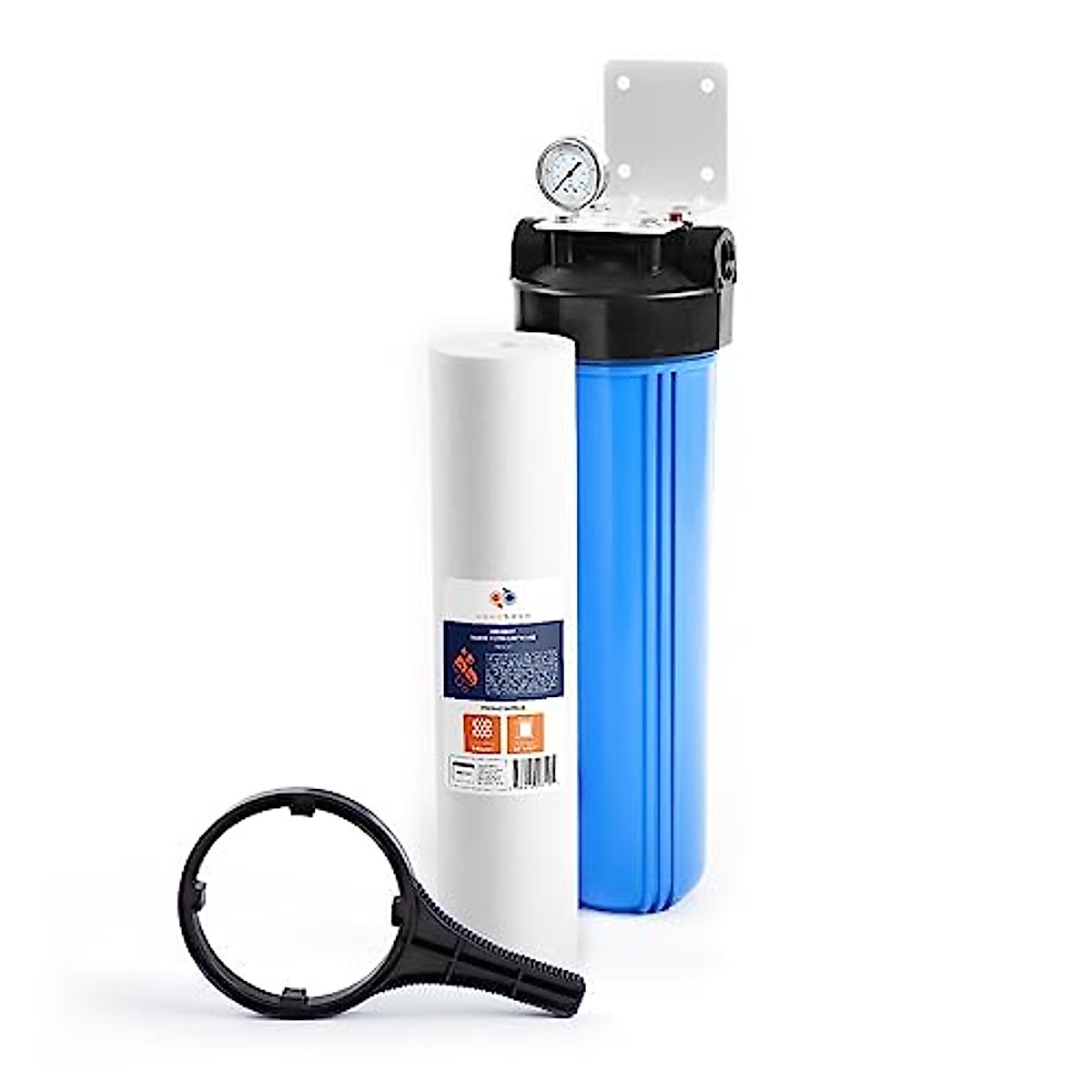 Whole House Water Filter System Housing 20"x 4.5" for Well Water - w/Wrench, Bracket & Pressure Gauge & Release Button(1" Port) and Sediment Filter - Compatible with Pentek 150234, BBFS-22, 166201