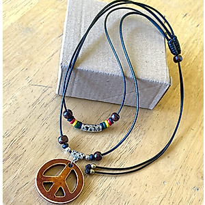 LAVIP Leather Peace Sign Pendant Double Layers Peace Symbol Brown Pendant Necklace Coconut wood Beads