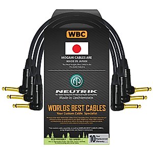 WORLDS BEST CABLES 3 Units - 12 Inch - Guitar Instrument Cable Custom Made Using Mogami 2524 Wire and Neutrik NP2RX-B ¼ Inch (6.35mm) Right Angled Gold TS Connectors