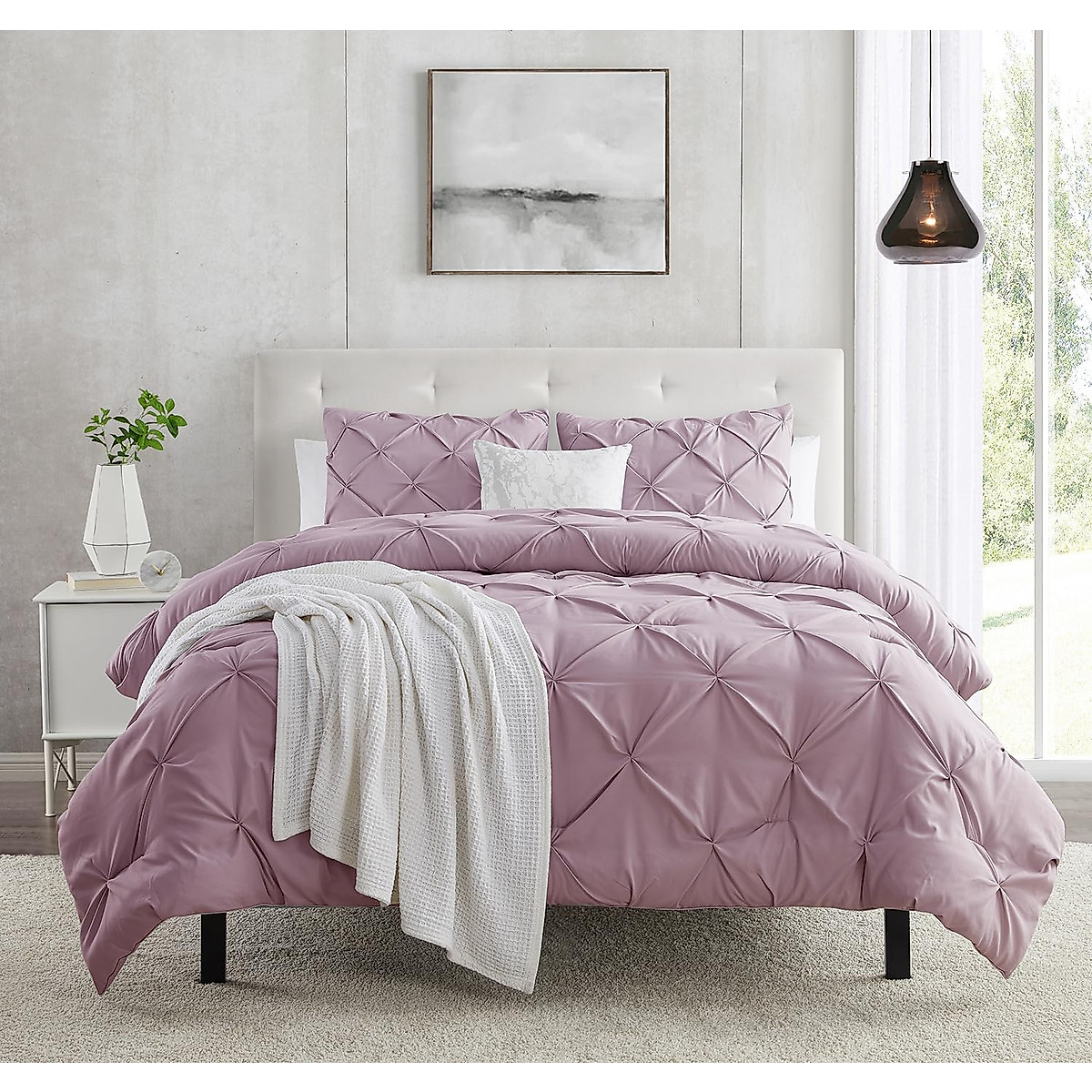 Clara Clark Dusty Purple Duvet Cover Queen Size - Pintuck Queen Duvet Cover Set, 3 Piece Double Brushed Duvet Covers with Button Closure, 1 Pinch Pleated Duvet Cover 90x90 inches and 2 Pillow Shams