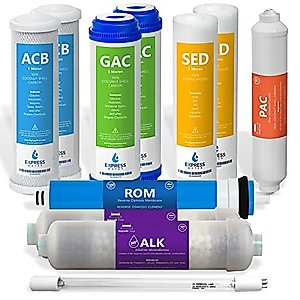 Express Water – 1 Year Reverse Osmosis System Filter Set – 11 Filters with 100 GPD RO Membrane, Carbon GAC ACB PAC, Sediment SED, Alkaline, and UV Filters – 10 inch Size Replacement Water Filters