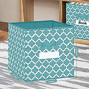 homyfort Cube Storage Organizer Bins 13x13 - Fabric Storage Cubes Bin Foldable Baskets Square Box with Labels and Dual Handles for Shelf, Nursery, Cabinet, Clothes, Toys, Set of 4 (Teal Blue)
