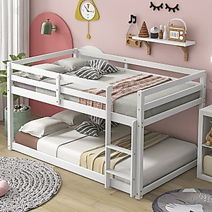 Harper & Bright Designs Low Bunk Beds Twin Over Twin Wood Twin Bunk Bed Frame with Safety Rail Ladder for Kids Bedroom Twin Floor Bunk Bed for Boys Girls Teens, White