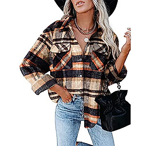 Women Classic Flannel Plaid Jacket Button Down Boyfriend Long Sleeve Lapel Shirts Casual Blouses Tops (Orange, Medium)