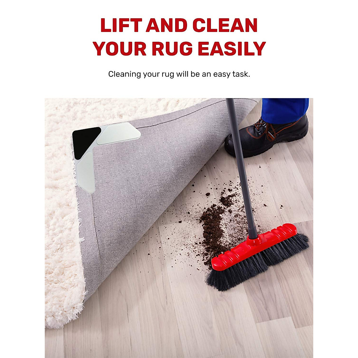 NeverCurl 4pk Rug Corner Grippers - Instantly Flattens Rug Corners Stops Slipping, Stiff Layer Prevent Curling, Renewable Carpet Gripper Sticky Gel, Easy Lift Design to Clean Under Rugs, Carpet Tape