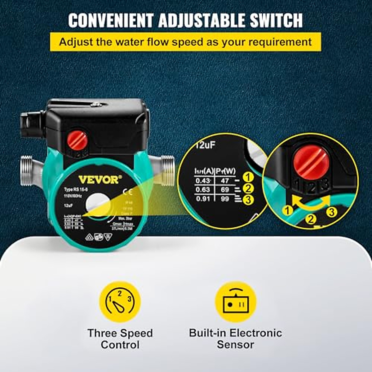 VEVOR Hot Water Recirculating Pump, 93W 110V Water Circulator Pump, Automatic Start Circulating Pump NPT 3/4" w/Brass Fittings, Stainless Steel Head, 3 Speed Control for Electric Water Heater System