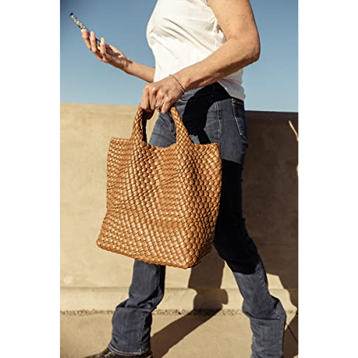 Spring & Summer Handmade Woven Tote Handbag, Vegan Leather, (Light Brown)