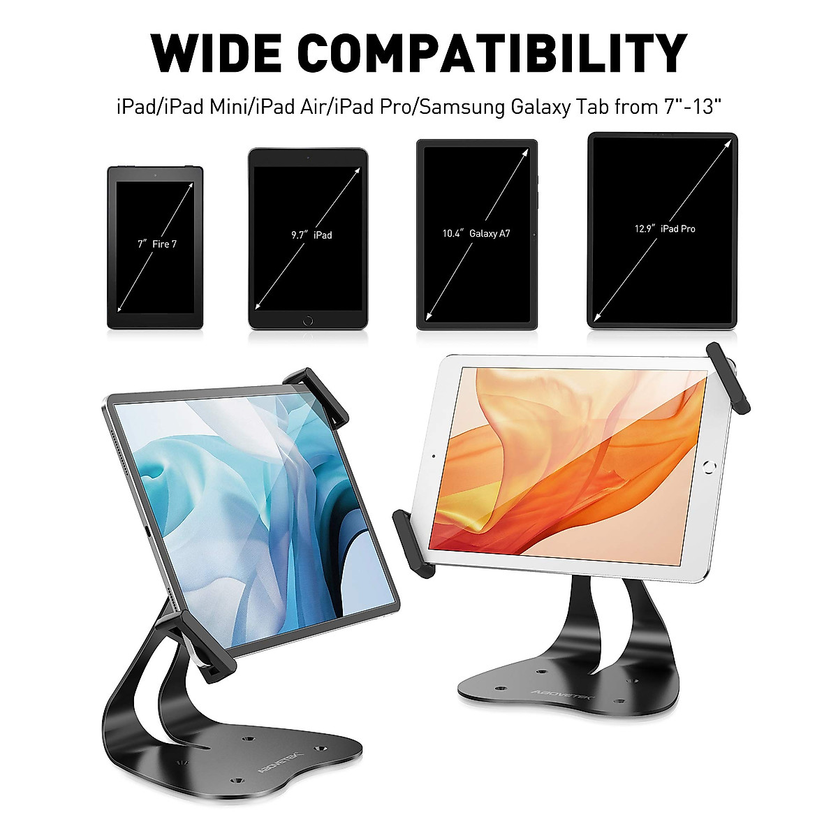 AboveTEK Anti-Theft iPad Stand, Universal Security POS Tablet Stand, Diagonally-Oriented iPad Locking Mount for 7-13 inch iPad, Galaxy with Security Cord and Key, 360° Swivel for Business and Retail