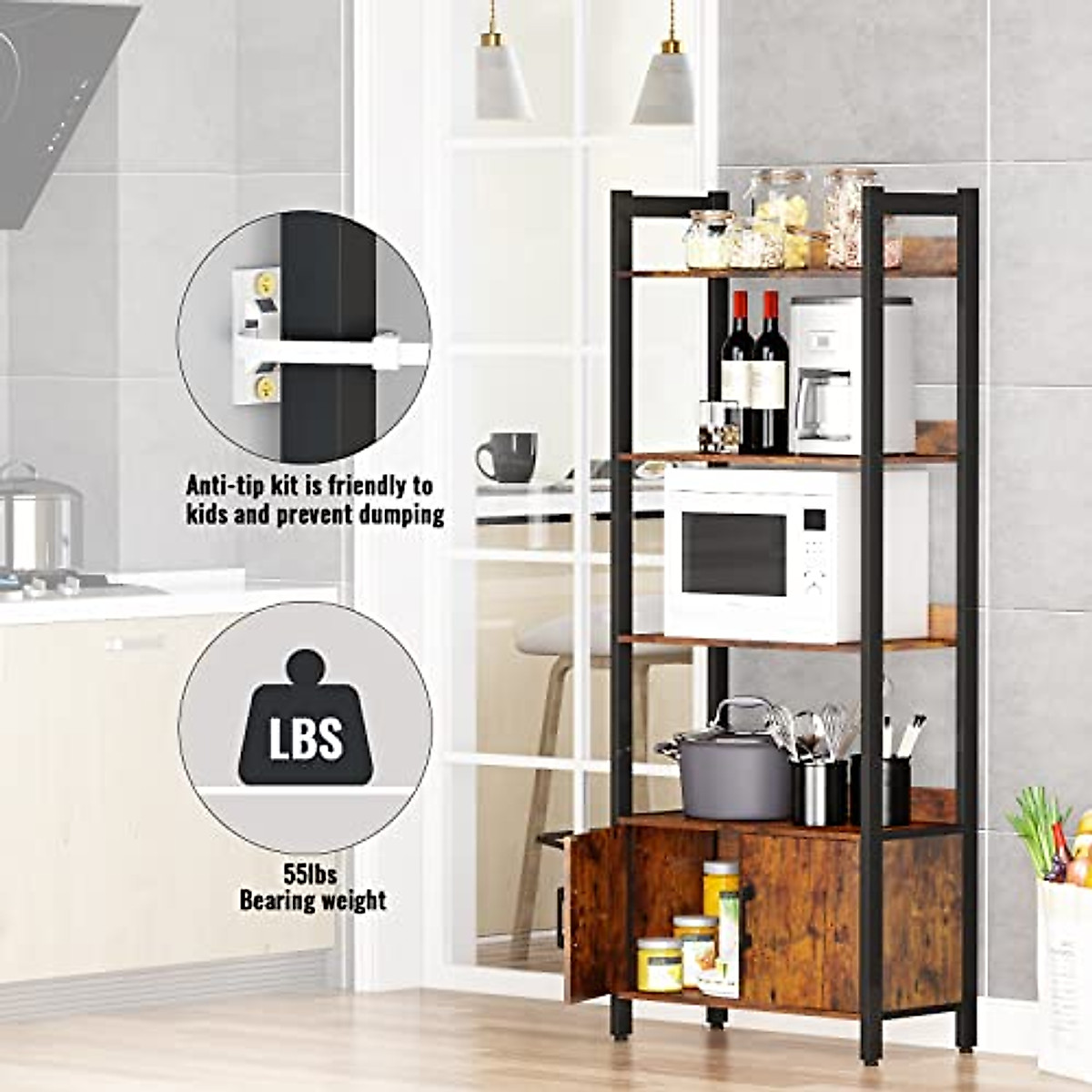 Furologee Bookshelf and Bookcase with Doors, Tall 61" Free Standing Display Shelving Units with 4-Tier Shelves, Industrial Storage Cabinet for Home Office, Living Room, Bedroom, Bathroom, Rustic Brown