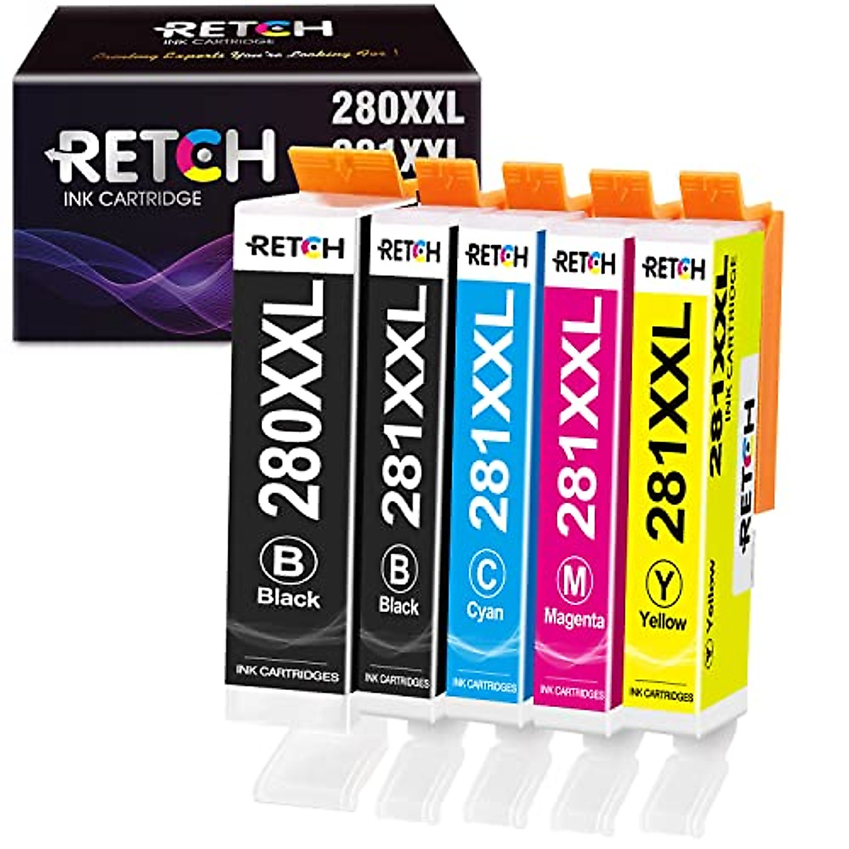 RETCH Compatible Ink Cartridges Replacement for Canon 280 and 281 PGI-280XXL CLI-281XXL for PIXMA Canon Pixma-TR7500 TR7520 TR8500 TS6120 TS6200 TS702 TS8100 TS8200 TS9520 printer (5 Pack)