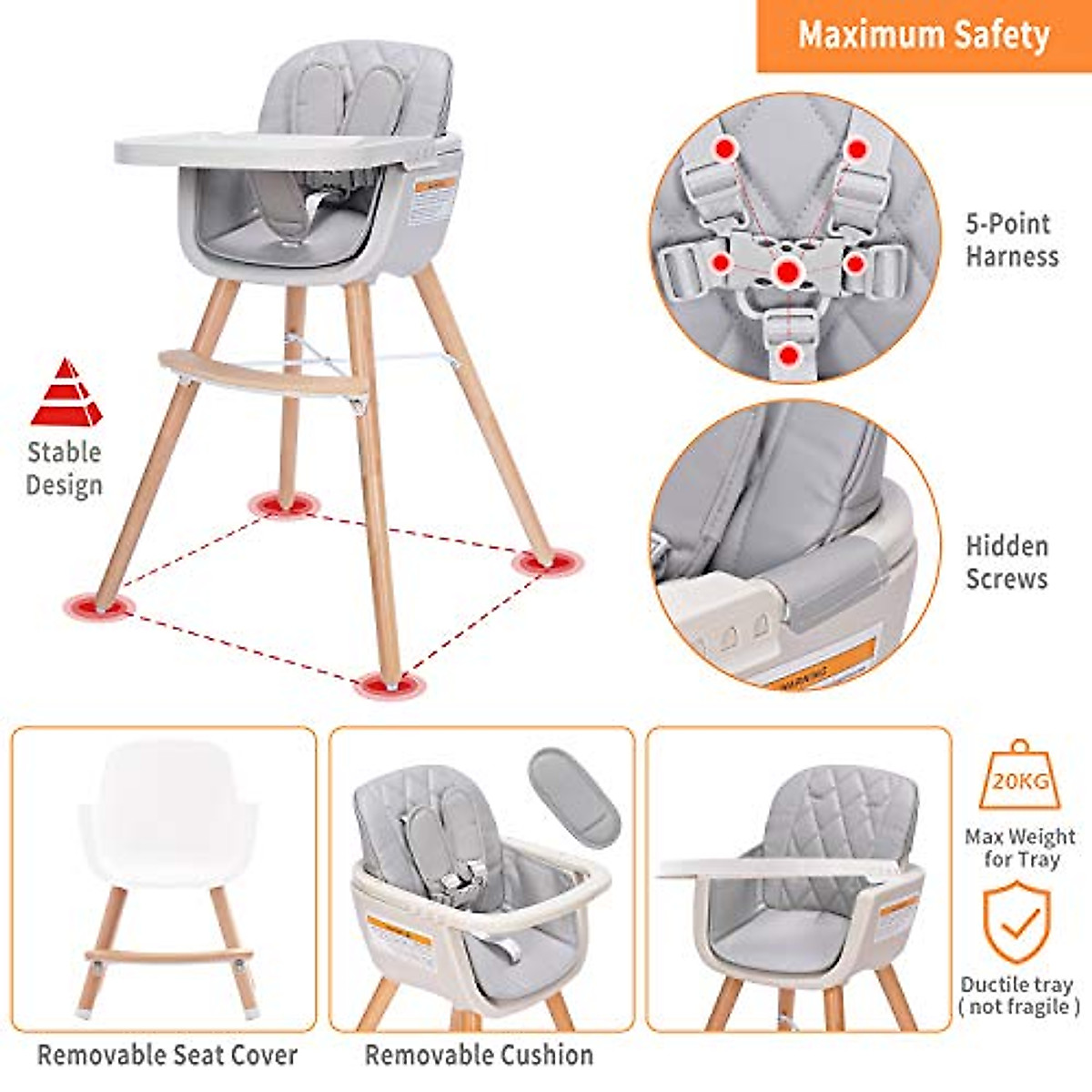 3-in-1 Convertible Wooden High Chair,Baby High Chair with Adjustable Legs & Dishwasher Safe Tray, Made of Sleek Hardwood & Premium Leatherette, Mid Grey