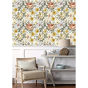 Blooming Wall Beige Multicolor Peony Daisy Peel and Stick Wallpaper Self Adhesive Wall Mural Wall Decor, 14.5 Square Ft/Roll