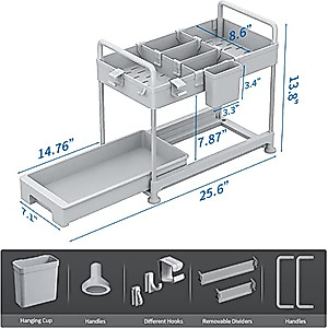 SOLEJAZZ 2-Tier Under Sink Organizer, Sliding Under Bathroom Cabinet Storage Drawer Organizer with Hooks, Hanging Cup, Dividers, Handles, Multi-purpose Under Sink Shelf Organizer, Gray, 2 Pack