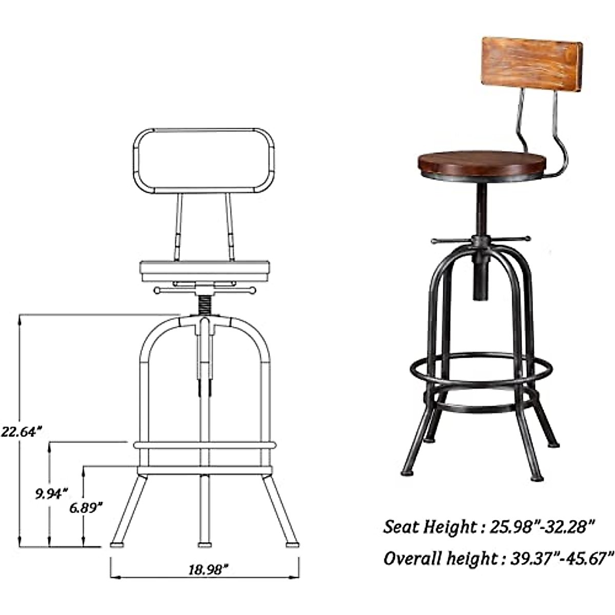 Diwhy 5 Piece Bar Table and Barstool Set Industrial Rectangular Pipe Dining Pub Bar Table and Kitchen Counter Height Adjustable Stool with Backrest Black (1 Table + 4 Chairs)