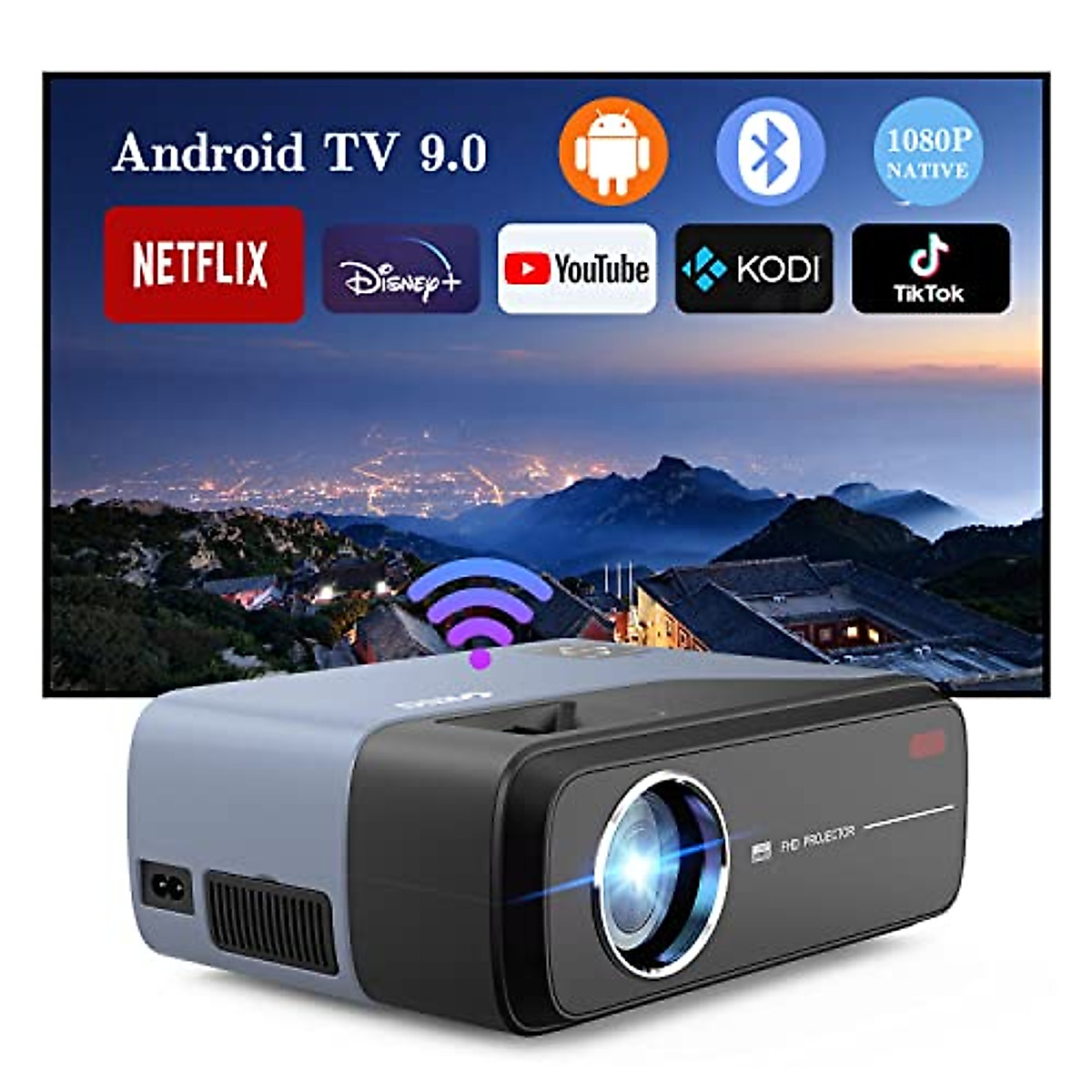 4K Support Mini Projector WiFi and Bluetooth, Native 1080p LED Projector Outdoor Portable Home Theater, Android 9.0 with Apps Wireless Casting, Auto Keystone Projectors Support TV Stick/PPT/DVD/Laptop