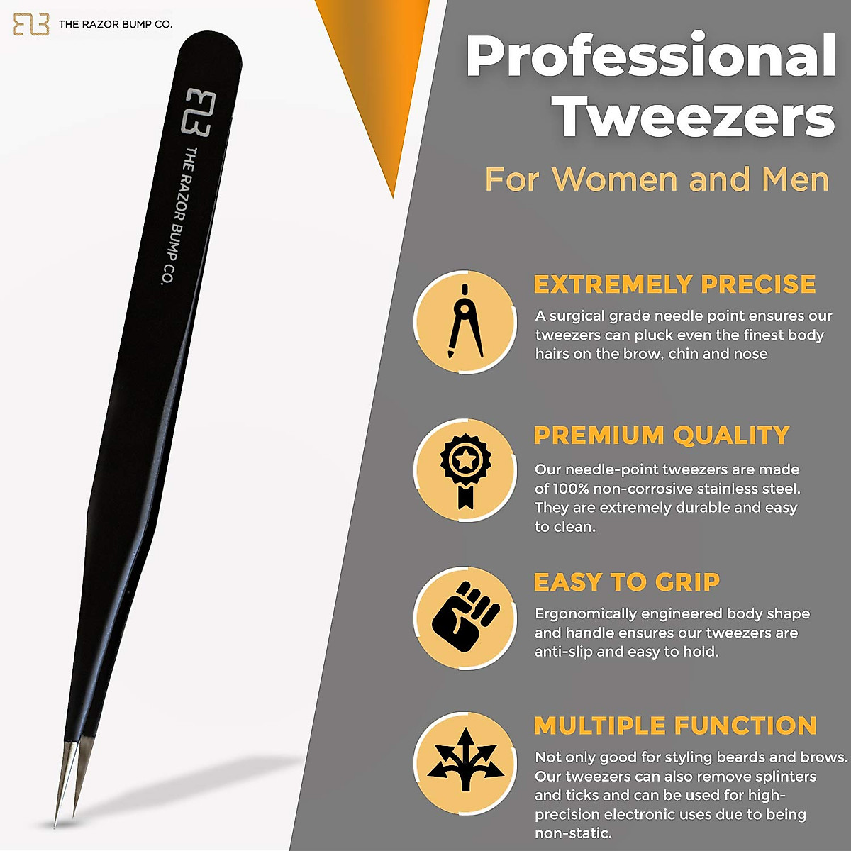 Tweezers For Ingrown Hair By The Razor Bump Co. | Sharp, Stainless Steel, Surgical | Professional Tweezers For Women and Men | Precision Splinter Remover | Best Facial Hair and Eyebrow Trimmer | Black