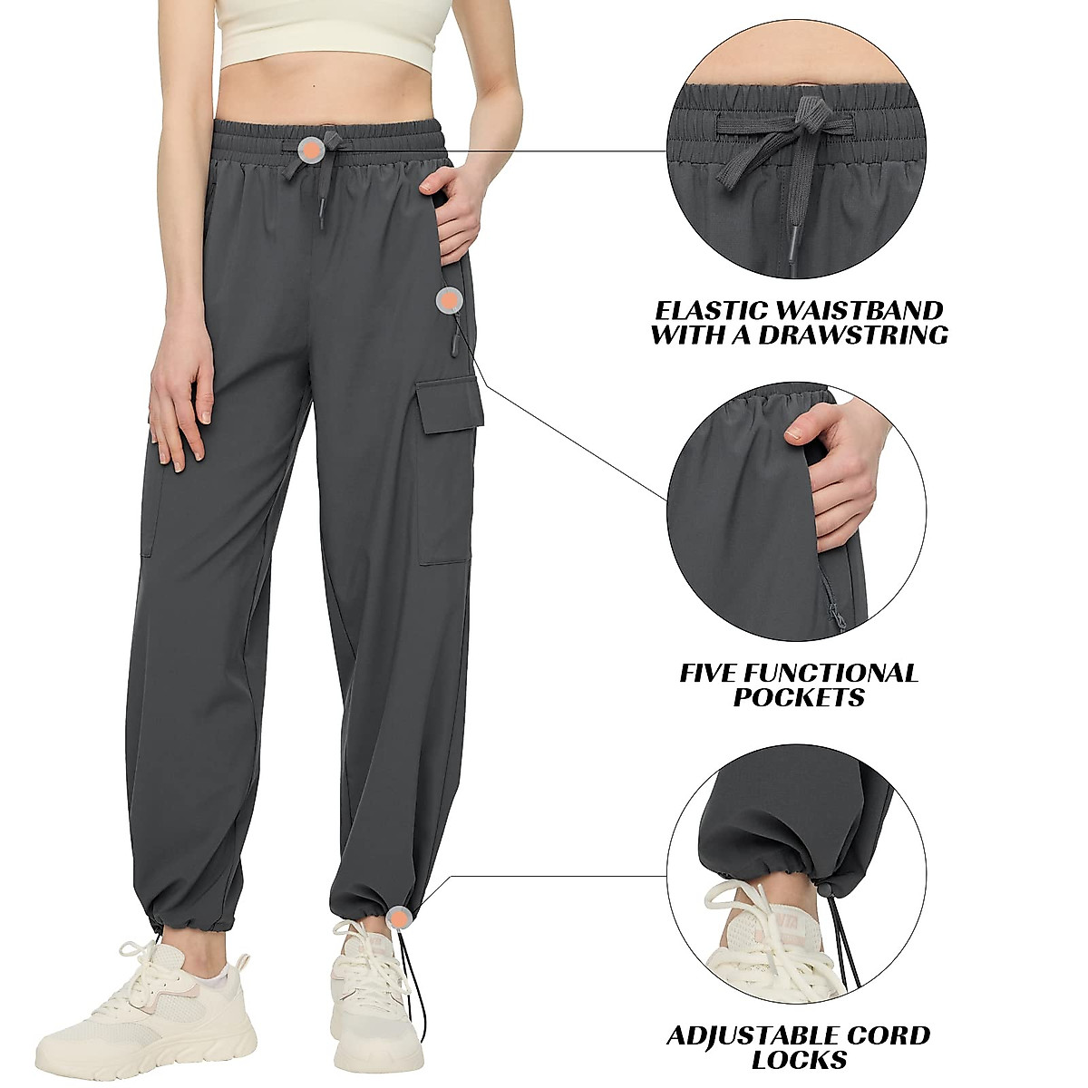 FARUNGS Quick Dry Cargo Pants Lightweight Tactical Hiking Pants with 5 Pockets for Women,Stretchy Waist and Water Resistant Grey