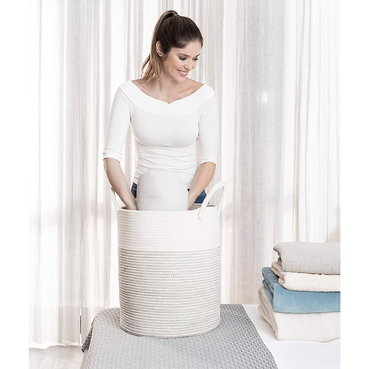 OrganiHaus White Baby Hamper Basket 15x18 | Toy Basket Storage for Kids | Large Woven Baskets for Storage | Round Laundry Basket | Blanket Holder for Bedroom | Boho Blanket Basket for Living Room