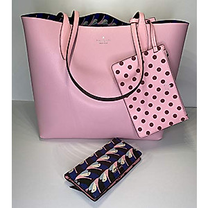 Kate Spade New York Arch Love Birds Large Reversible Tote bundled with matching Large Slim Bifold Wallet (Pink/Blue/Geo Birds)