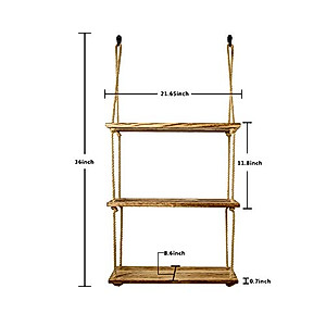 DryInsta Rope Floating Shelves Wood Hanging Swing 3 Tier 21.65" x 8.6" for Living Room Bedroom Bathroom Farmhouse Home Decor and Wall Storage (Jute Rope)