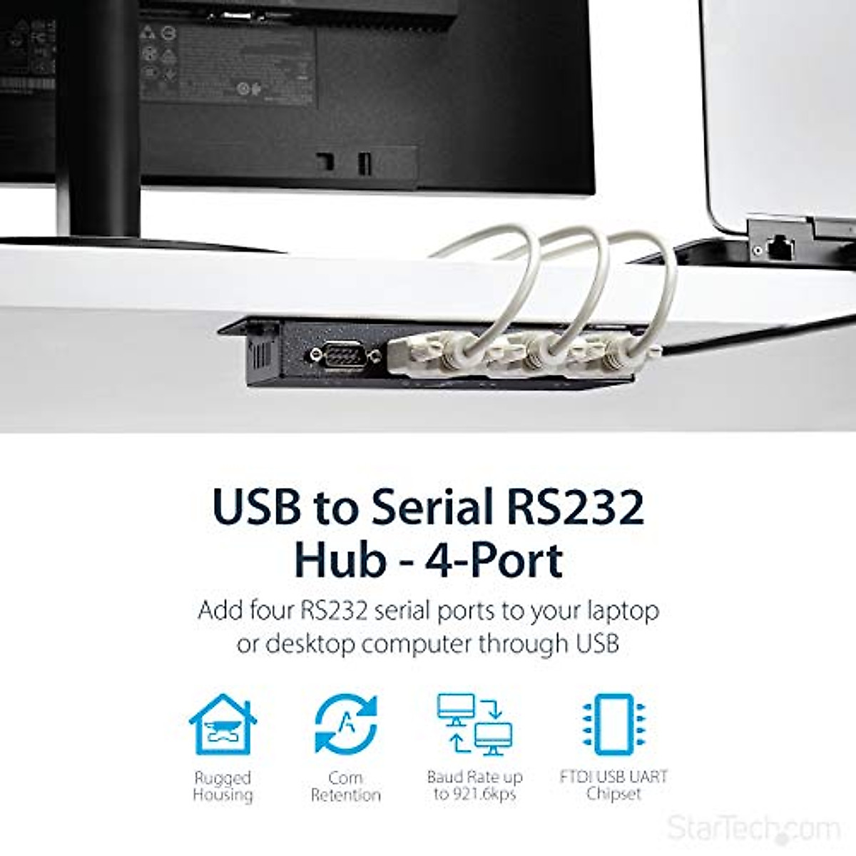 StarTech.com 4 Port USB to Serial RS232 Adapter - Wall Mount - Din Rail - COM Port Retention - FTDI USB to DB9 RS232 Hub , TAA (ICUSB2324I)