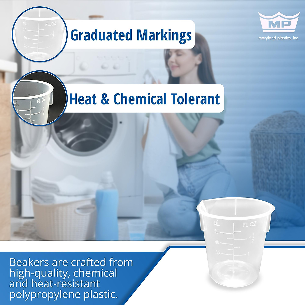 Plastic Beaker 50ml / 1.69 oz Set of 100 by Maryland Plastics – Clear Graduated Disposable Beakers with Easy-Pour Spout – Perfect for Resin Mixing, School Science Experiments, or Home Kitchen Use