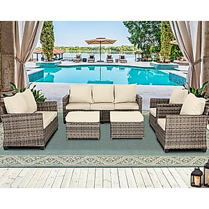 Furnimy Patio Furniture Set Rattan Outdoor Sectional Conversation Sets 3-Seat Outdoor Couch,2 Single Chair 1 Loveseat and 2 Ottoman for Lawn Balcony Garden Backyard (Gray-Tan, Set of 6)