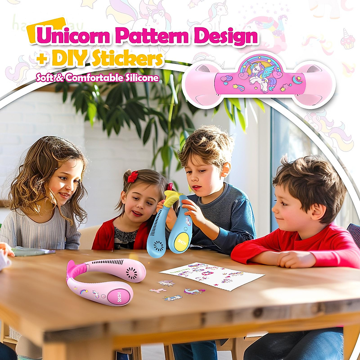 Kids Neck Fan, Portable Bladeless Neck Fan for Kids, 2600mAh Rechargeable Cooling Fan for 4-14Y Girls Boys with Unicorn Stickers, 4 Speeds & Lightweight Wearable Quiet Fan for Study/Camping/Travel