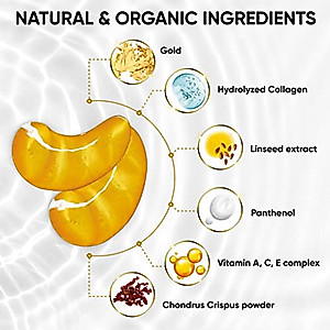 24K Gold Under Eye Mask - 25 Pairs for Puffy Eyes, Dark Circles, Eye Bags, Puffiness with Collagen and Vitamins - Natural Anti-Aging Eye Pads - Hydrating Under Eye Patches - Golden Under Eye Gel Pads