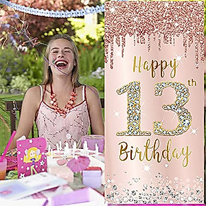 Happy 13th Birthday Door Banner Backdrop Decorations for Girls, Pink Rose Gold 13 Birthday Party Door Cover Sign Supplies, Thirteenth Year Old Birthday Poster Background Photo Booth Props Decor