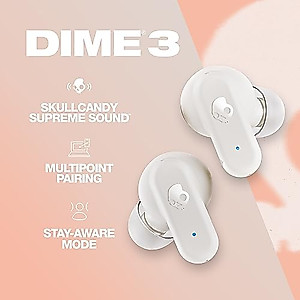 Skullcandy Dime 3 In-Ear Wireless Earbuds, 20 Hr Battery, Microphone, Works with iPhone Android and Bluetooth Devices - Bone/Orange Glow