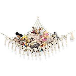 Abby Baby X-Large Stuffed Animal Storage Hammock with LED Lights – 25LB Capacity Toy Net for Stuffed Animals, Squishmallow Net for Stuffed Animals Corner, Plush Hammock for Playroom, Plush Net, Beige