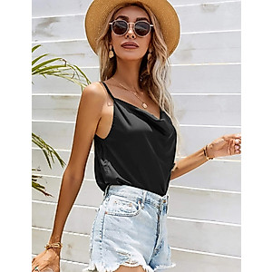 Ekouaer Satin Cowl Neck Tank Top Women Camisole Silky Loose Sleeveless Basic Blouse Ladies Satin Tank Shirt Black