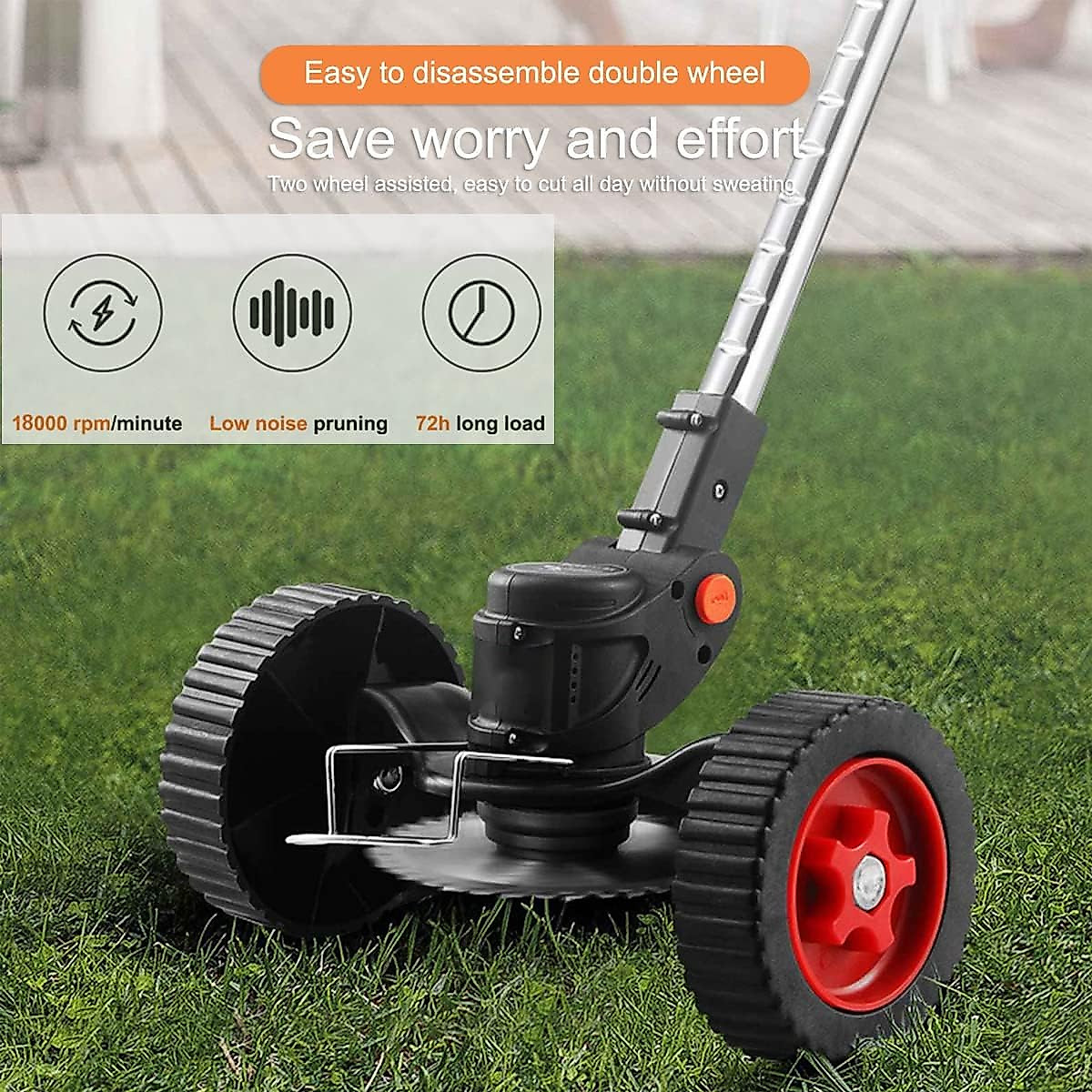Weed Wacker Cordless Electric Battery Powered Weed Eater, 21V Lightweight Grass Trimmer Edger Lawn Tool with 2Pcs 2000mAh Battery, Push Wheeled Weed Brush Cutter No String Trimmer for Yard and Garden