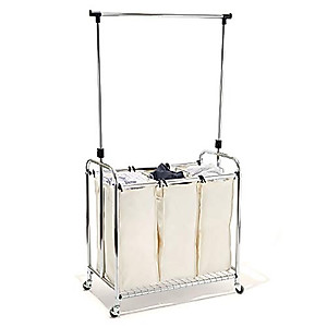 Seville Classics Laundry Hamper Sorter Cart Mobile Premium 3-Bag with Clothes Rack, Chrome
