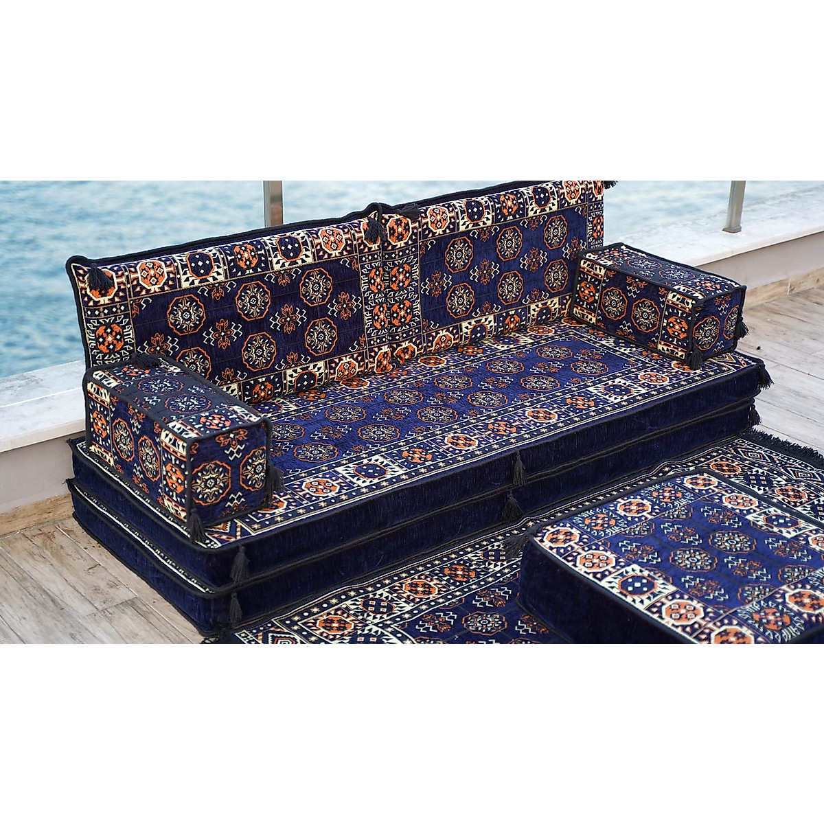 Navy Blue Moroccan Living Room Couch, Arabic Majlis Furniture, Patio Furniture, Handmade Wooden Bench, Arabic Majlis, Outdoor Bench, Outdoor Furniture, Sofa Covers (Sofa Full Set)