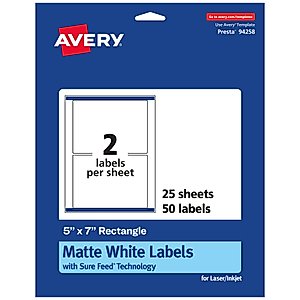 Avery Matte White Rectangle Labels with Sure Feed, 5" x 7", 50 Matte White Printable Labels