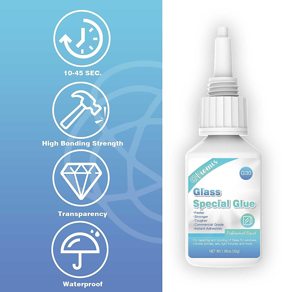 Viomis Glass Glue, 30g, Instant Strong Bond for Glass, Acrylic, Waterproof, Dries Clear, Quick Curing, Ideal for Craft, Jewelry, Rhinestone, Crystal, Mirror, Glasses