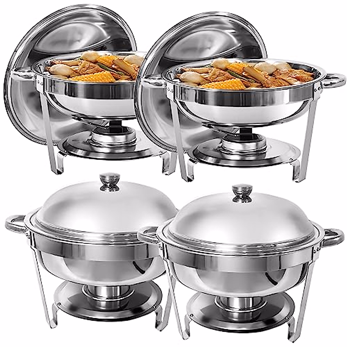 PRIJESSE Chafing Dish Buffet Set 5 QT Stainless Steel Round Buffet Servers and Warmers, Chaffing Servers with Covers, Catering, Chafer,Food Warmer for Parties Weddings (4 Pack)