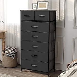 Pellebant Dresser for Bedroom with 7 Drawers, Tall Dresser Vertical Storage Tower, Sturdy Metal Frame, Fabric Storage Bins with Plastic Handle, Wooden Top, Organizer Unit for Closet/Hallway, Black