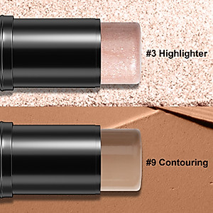 2Pcs Cream Contour Stick Makeup Kit, Cream Highlighter Stick and Bronzer Contour Stick with Longwear Waterproof Formula for Brightening and Trimming the Cheeks, Makeup Brush Include (#03, 09)