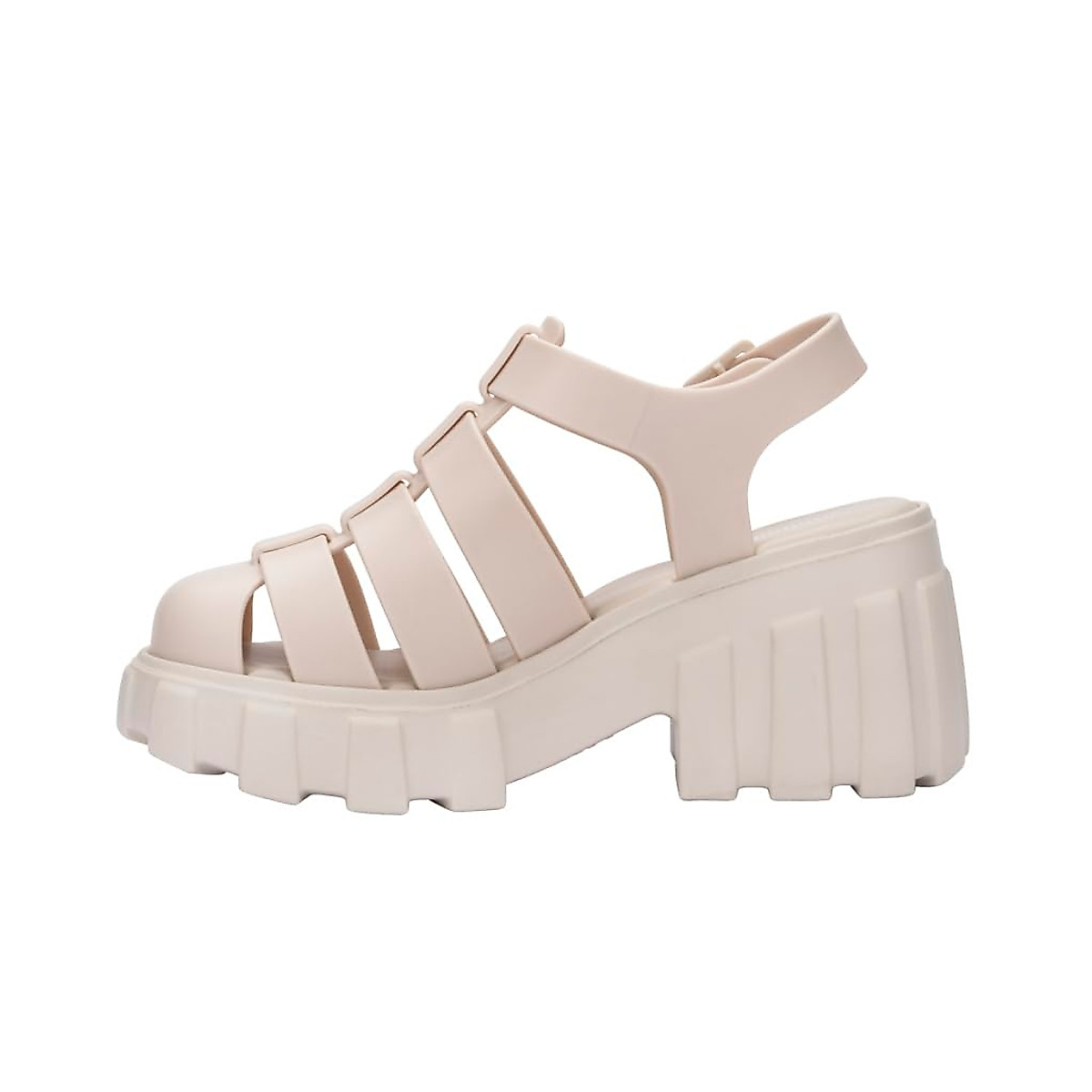 Melissa Megan Platform Jelly Heels for Women - The Iconic Original 90’s Jelly Shoe, Fisherman's Sandal with Chunky, Platform Lug-Sole Heel and Adjustable Strap and Side Buckle, Beige, 7