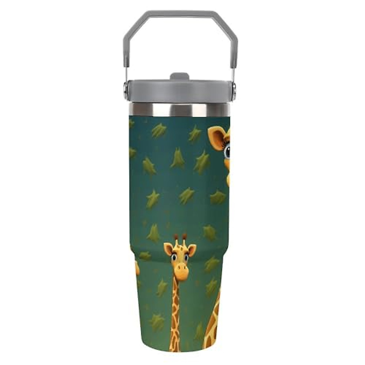 30oz Stainless Steel Insulated Tumbler with Flip Lid & Straw, Leakproof Travel Mug for Car, Cartoon Giraffe Double Wall Vacuum Thermal Coffee Cup with Handle, Spill-Proof Design for Hot/Cold Drinks