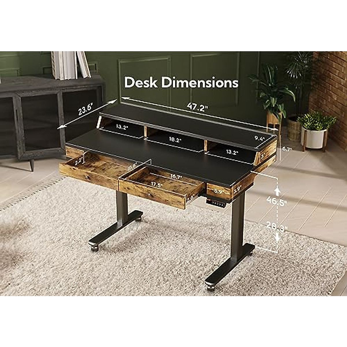 Claiks Standing Desk with Drawers, Electric Adjustable Standing Desk Adjustable Height, Sit Stand Up Desk with Storage Shelves & Wheels, 55 Inch Rustic Brown