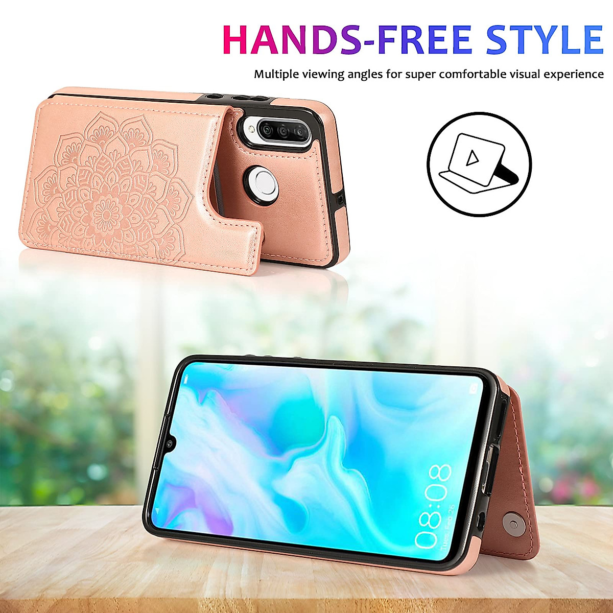 Asuwish Compatible with Huawei P30 Lite Case and Tempered Glass Screen Protector Cell Accessories Card Holder Slot Stand Kickstand Flip Wallet Phone Covers for Hawaii P30Lite P 30 30Lite 30P Rose Gold